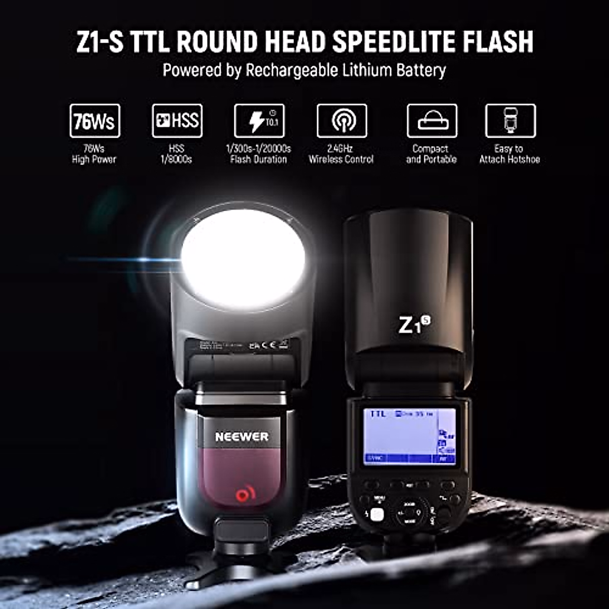 NEEWER Z1-S TTL Round Head Flash Speedlite for Sony Cameras, 76Ws 2.4G 1/8000s HSS, 10 Levels LED Modeling Lamp, 2600mAh Lithium Battery, 480 Full Power Shots, Recycle in 1.5s Flash