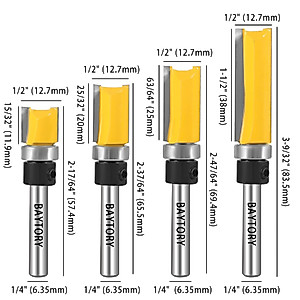 BAYTORY Professional Pattern Flush Trim Router Bit Set with 1/4 inch Shank, 4Pcs 1/2" Cutting Diameter Carbide Bits with Top Bearing Prevent Tear-Out, Template Guide Woodworking Milling Cutter Tool