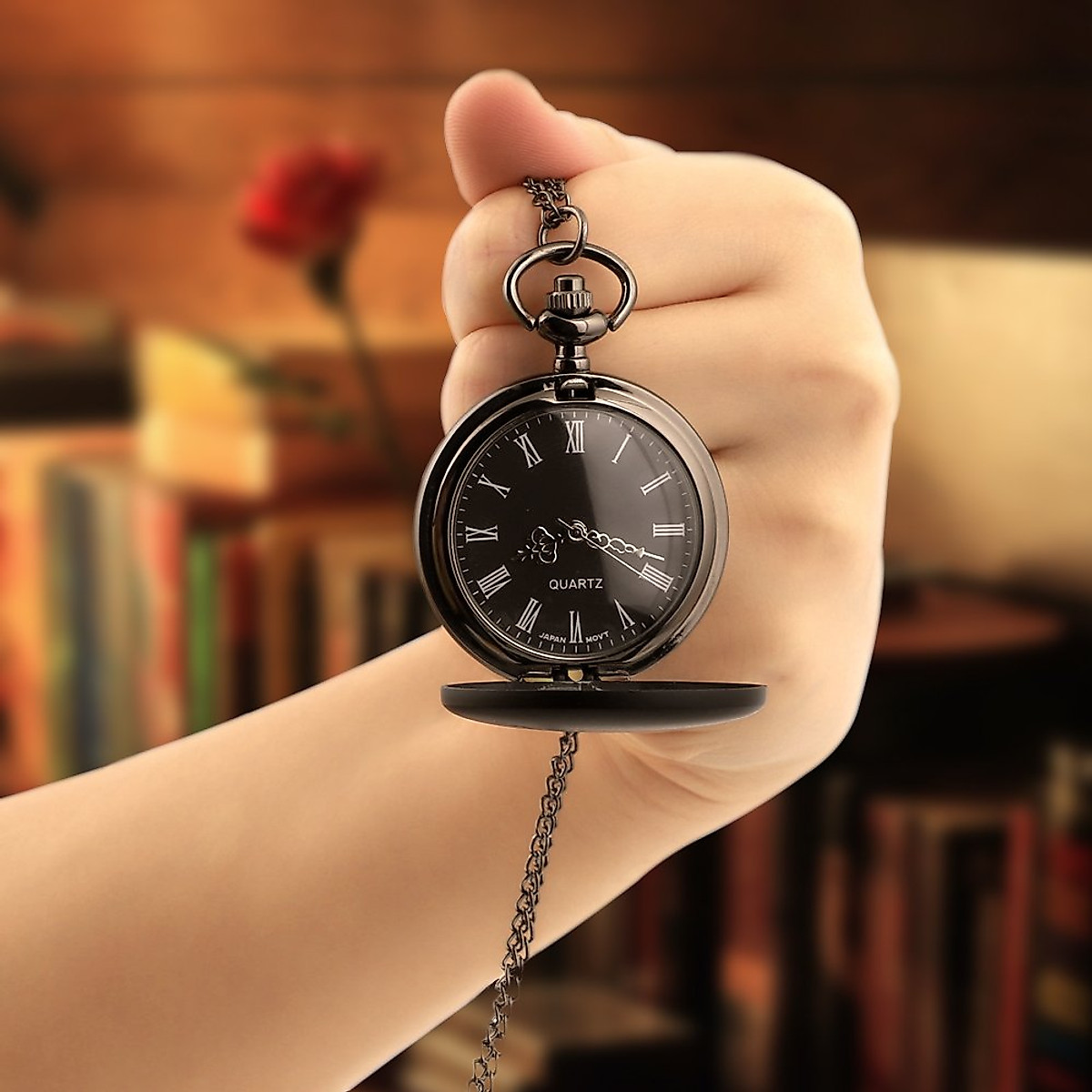 Godchoices Personalized Pocket Watch Custom Photo Pocket Watch with Chain for Men/Women Engraved with Any Words, A Great Gift for Father and Boyfriend. (Black)