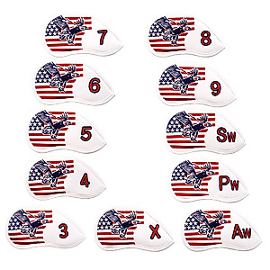 GOOACTION 11PCS USA Eagle Golf Club Iron Headcovers American Stars Stripes Flag Pattern Thick Synthetic Leather Patriotic Golf Head Covers Set