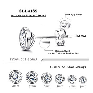 Sllaiss Sterling Silver Cubic Zirconia Bezel Set Stud Earrings Set for Women Round Cut CZ Earrings 3 Pairs Martini Stud Earrings Hypoallergenic