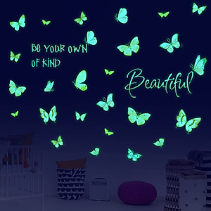 IARTTOP Luminous Butterfly Wall Decal, Inspirational Quotes-Be Your Own of Kind Peel and Stick Murals, Romantic Glow Butterflies Theme Wall Sticker for Girls Bedroom Nursery Kids Room Decoration