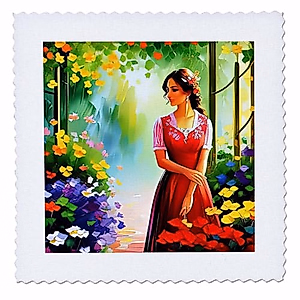 3dRose Pretty Lady in red Dress in The Summer Garden of Colorful... - Quilt Squares (qs-379137-2)