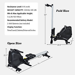 GYMAX Folding Magnetic Rowing Machine, 8 Level Adjustable Rower with LCD Monitor & Device Holder, Full Body Workout Home Gym Exercise Equipment for Small Space