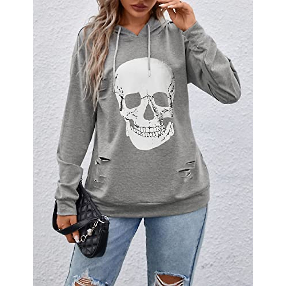 Blooming Jelly Women's Skeleton Hoodie Skull Graphic Hoodies Long Sleeve Top Pullover Oversized Sweatshirt（X-Large,Grey-Hoodie）