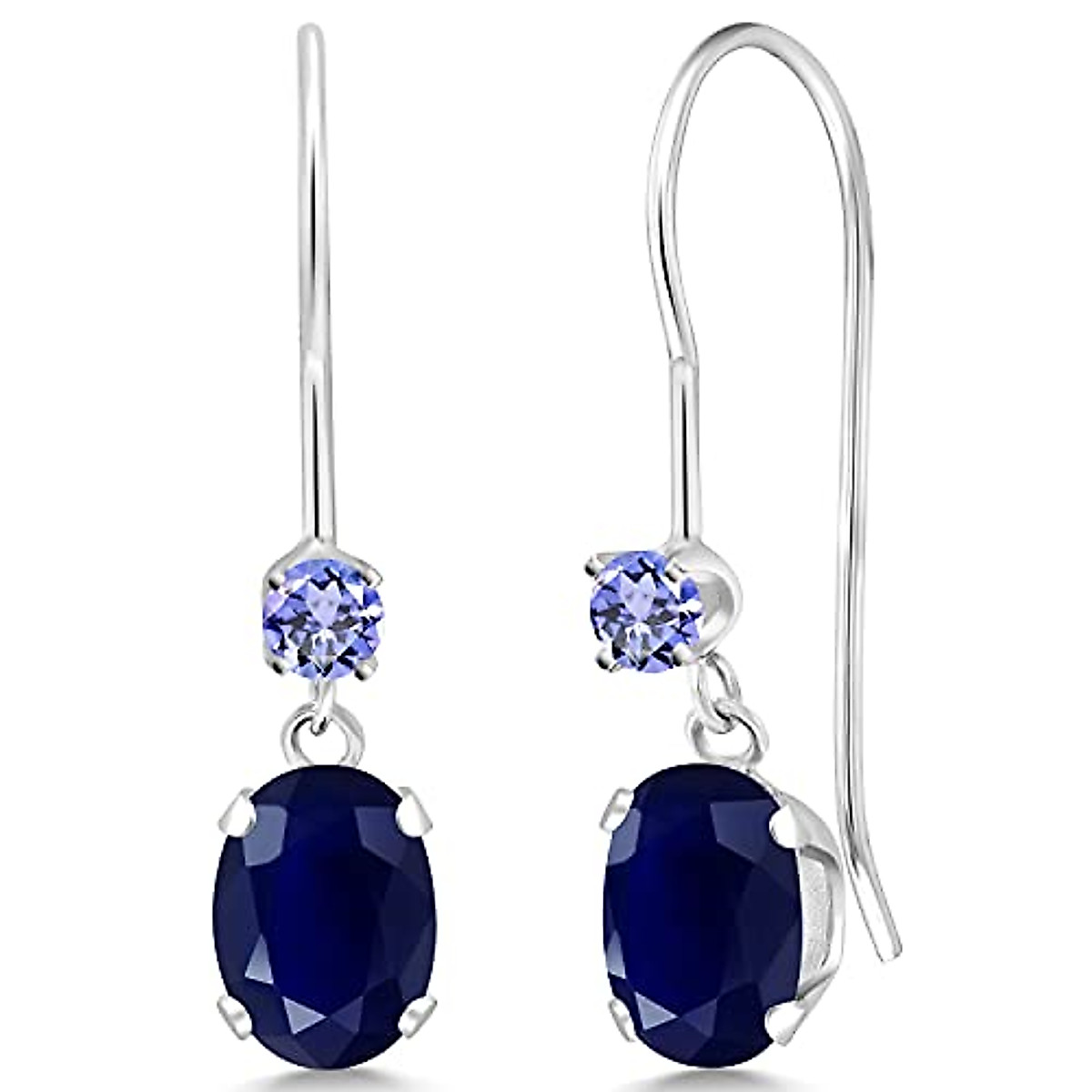 Gem Stone King 14K White Gold Blue Sapphire and Blue Tanzanite French Wire Dangle Earrings For Women (1.26 Cttw, Gemstone September Birthstone, Oval 6X4MM and Round 2.5MM)
