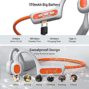 ELIBOM Bone Conduction Headphones Bluetooth 5.3, Extendable to 128GB MP3 Player, Wireless Open-Ear Headphones with Mic, Lightweight Sports Headset for Running/Cycling/Workouts/Climbing, Orange