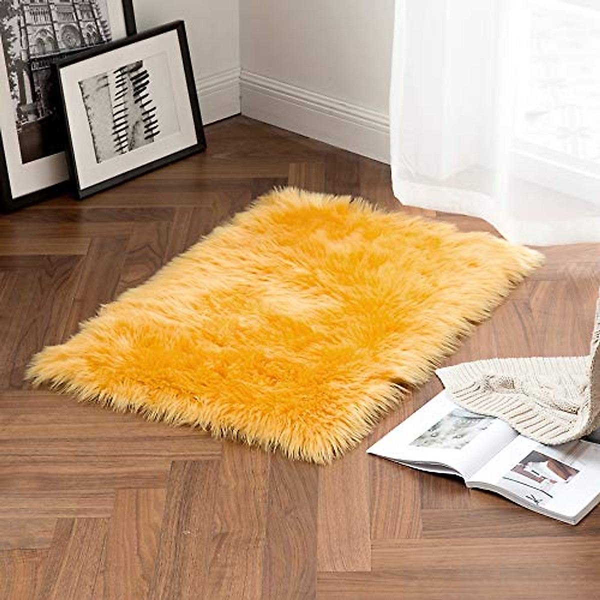 MIULEE Luxury Super Soft Fluffy Area Rug Faux Fur Rectangle Rug Decorative Plush Shaggy Carpet for Bedside Sofa Floor Nursery Fall Decor 2 x 3 Feet, Mustard Yellow