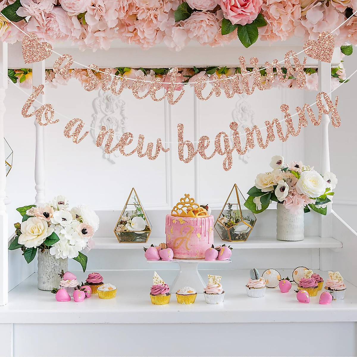 A Sweet Ending to A New Beginning Banner, Let the Adventure Begin, Graduation/Wedding/Retirement/Birthday Party Decorations (Rose Gold Glitter)