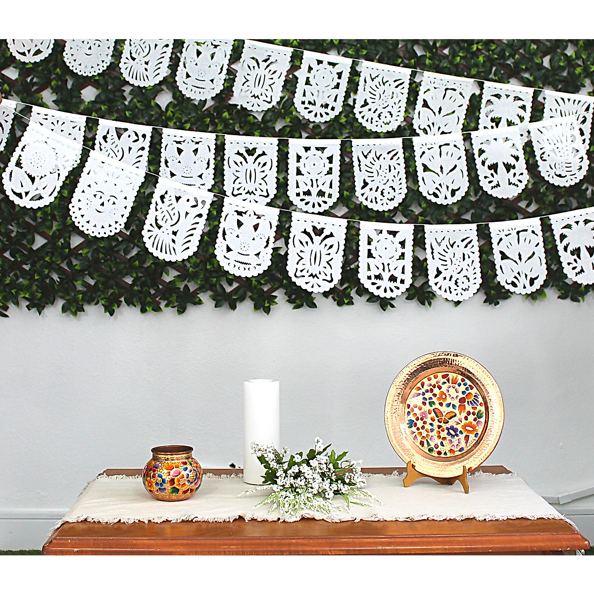 Mini white banners, 5 Pack Papel Picado Mini flag garlands, Fiesta decoration, Cinco de Mayo, Mexican Wedding, Taco Tuesday Features butterflies, flowers, suns and cactus.