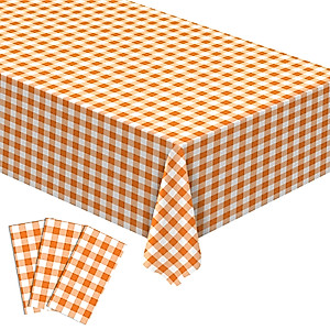 Buxiuer Orange and White Checkered Tablecloth Plastic Fall Thanksgiving Decoration Buffalo Check Plaid Disposable Table Cloth Dining Room Kitchen Decor 54 x108 Inch -Pack of 3 (Orange and White)