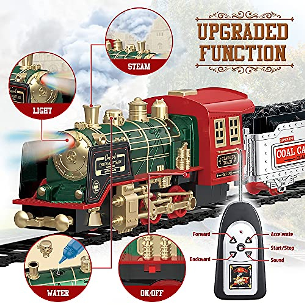 Mini Tudou Christmas Electric Train Set w/Steam, Sound & Light, Remote Control Train Toys w/Steam Locomotive Engine, Cargo Cars & Tracks, Toy Train w/Rechargeable Battery for Kids Boys 3+ Year Old
