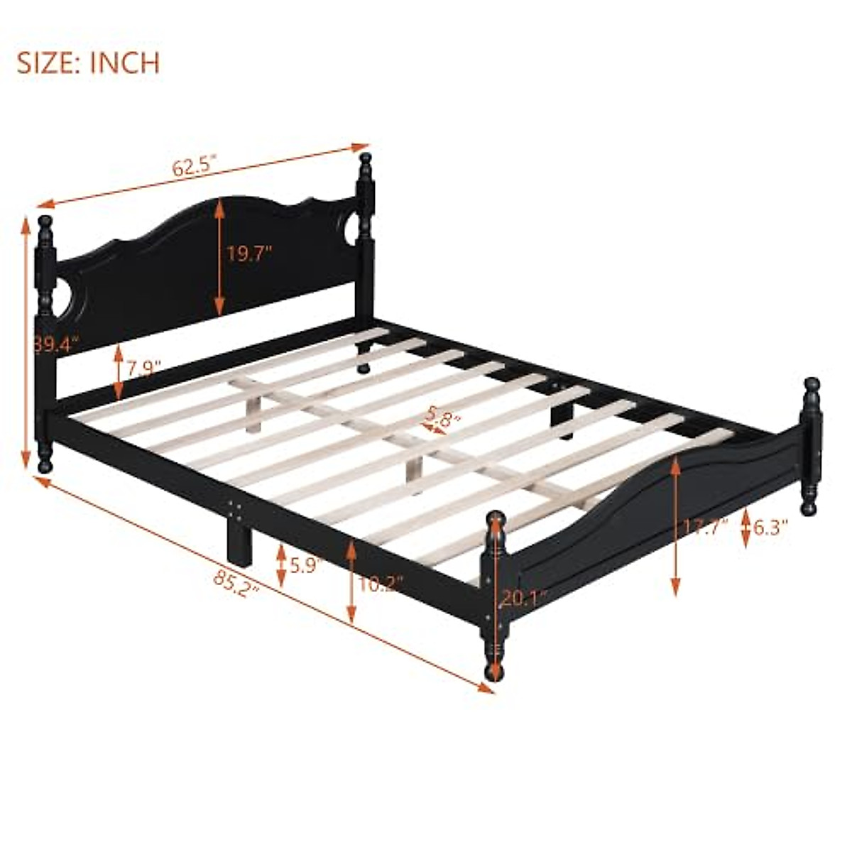 Wekity Queen Size Wood Platform Bed Frame,Retro Style Platform Bed with Wooden Slat Support (Black)