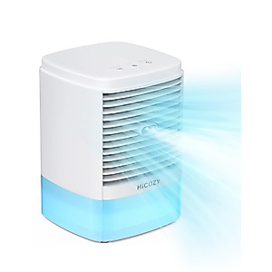 HiCOZY Portable Air Cooler with 2 Ultrasonic Mist Levels & 3 Fan Speeds, Evaporative Air Cooler with Detachable 650ml/23oz Water Tank, 3-in-1 Air Cooling Fan for Desktop, Office and Bedroom (Blue)