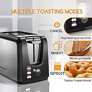 Toaster 2 Slice Wide Slots Best Rated Prime Toasters, Compact Stainless Steel Bread Toaster with Reheat/Defrost/Cancel Functions, 7-Shade Control & Removable Crumb Tray, Black, UL Certificated