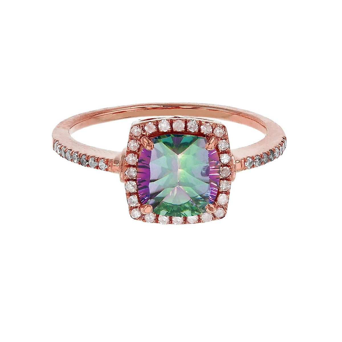 10K Rose Gold 7mm Cushion Mystic Green Topaz & 0.20 CTTW Diamond Halo Ring