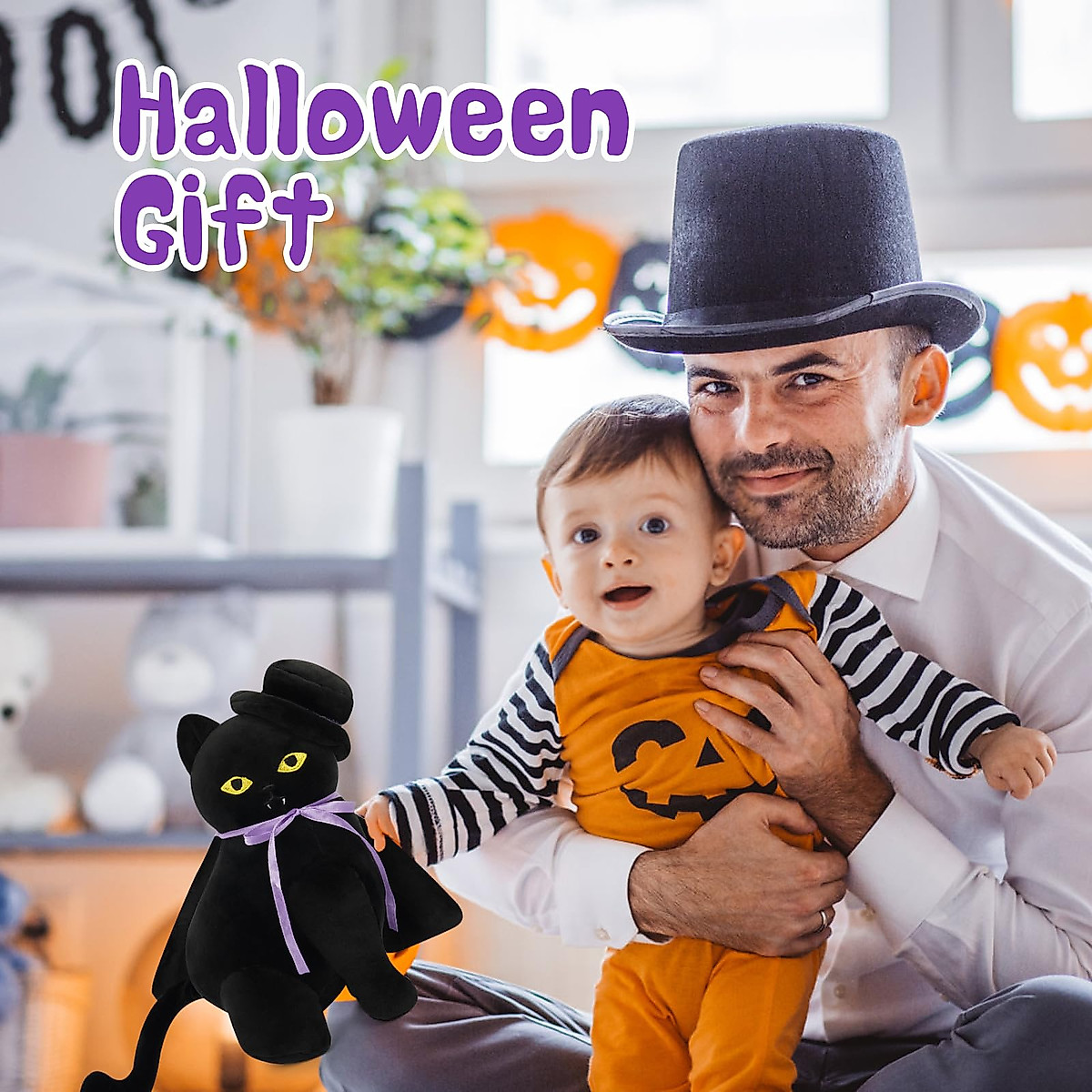 MUFEIRUO Black Cat Plush Halloween Plush, Black Cat Stuffed Animal with Hat Cloak, Halloween Vampires Decor Plushie Stuffed Cat Toys for Kids