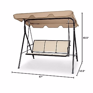 GRAFFY 3-Seat Deluxe Outdoor Swing with Weather Resistant Steel Frame & Polyester Angle Adjustable Tilt Canopy, 3 Person Porch Swing, Suitable for Patio, Garden, Poolside, Balcony, Brown