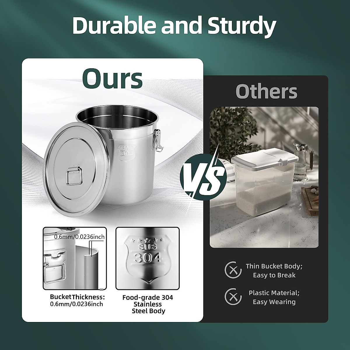 KONKENIE 21L Stainless Steel Airtight Canister Rice Cereal Grain Canisters Container Food Oil Sugar Milk Storage Bucket w/Handles+Lid Cylinder Jar for Household Kitchen Bar Restaurants Silver (21L)