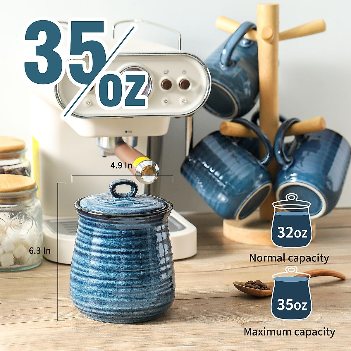 Tikooere Ceramic Kitchen Canister, Large Food Storage Jar with Aritight Lid for Coffee,Tea,Sugar,Flour,Cookie,Candy,Cereal,Dog Treat, 35 oz Coffee Canister for Kitchen Countertop, Blue