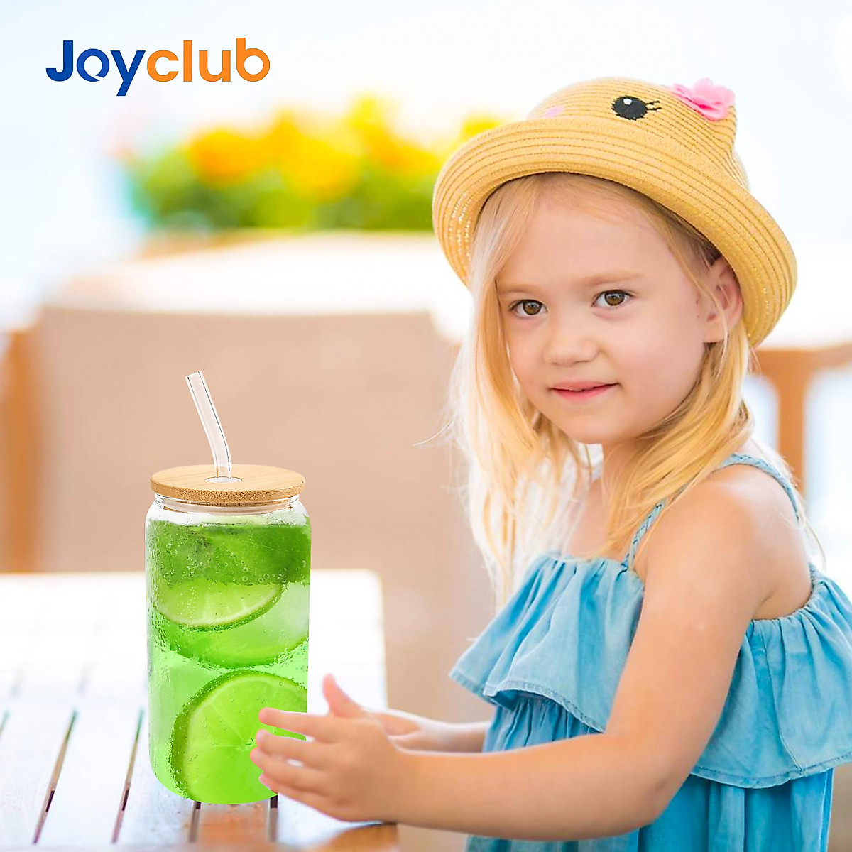 Joyclub 12 Set Glass Cups with Bamboo Lids and Straws 16oz Can Shaped Reusable Iced Coffee Cups with Lids, Drinking Glasses Tumbler with Straw and Lid for Soda Boba Tea Cocktail Whiskey Gift