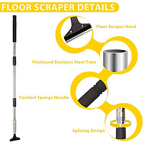 Floor Scraper Long Handle Heavy Duty, Floor Scraper Blades 4 inch scraper tool kitchen 31-61“ Thickened Steel Sharp Blades Free Extra 10PCS Metal Paint Scraper Ideal for Cleaning.(1, black)