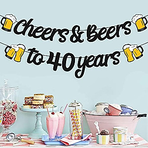 Cheers and Beers to 40th Years Banner 40th Birthday Decorations for Men Women 40s Birthday Backdrop Wedding Anniversary Party Supplies Black Glitter Decorations Pre-Strung