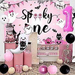 Halloween 1st Birthday Party Decorations for Girl Spooky One Backdrop Pink Black Hot Pink Balloons High Chair Banner Cake Topper for First Birthday Party Supplies