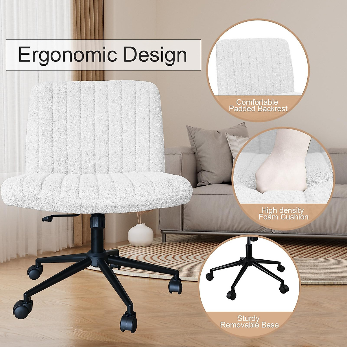 Kadunmina Armless Office Desk Chair with Wheels, Modern Swivel Computer Task Chair Comfortable Adjustable Wide Seat Vanity Chair for Home, Bedroom, Make Up(White)