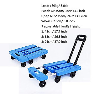 Generic Platform Hand Truck Folding Hand Truck 6 Wheels Small Trolley Cart with Stretchable Handle for Home Office Travel Luggage Moving 330lbs Weight Capacity Push Dolly for Loading (Blue 3inch)