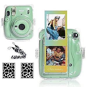 wogozan Clear Case for Fujifilm Instax Mini 11 Instant Camera Protective Case- Upgrade Back with Photo Pocket for Storing 10 Photos+Adjustable Shoulder Strap and Camera Sticker