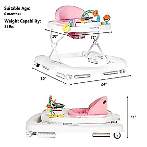 Kinder King Activity Baby Walker 3 in 1 Folding Learning Walker Boys Girls Seated or Push Behind Infant Activity Center w/Adjustable Height & Speed Music & Lights Toys Steering Wheel Pink 1.0 Count