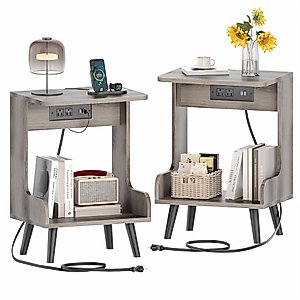 GYIIYUO Nightstands Set of 2 with Charging Station, Bedside Tables with Open Wood Shelf, End Table with Solid Wood Feet, Solid Wood Side Table for Bedroom, Small Spaces, Grey