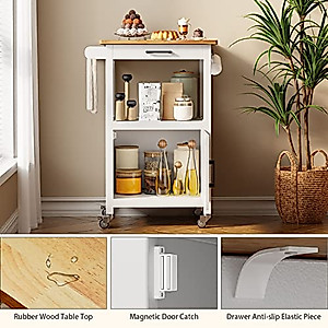 Qsun Rolling Kitchen Island Cart with Drawer, Storage on Wheels, Small Home Coffee Bar, Microwaves Stand, Table/Cabinet and Side Hook, White