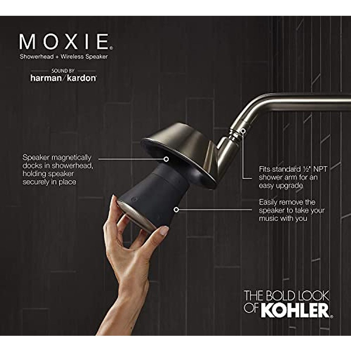 KOHLER Moxie Bluetooth Showerhead, Shower Speaker, Waterproof Speaker, Shower Radio, Rechargeable Speaker, Portable Speaker, 2.5 GPM, K-28238-NKE-CP, Polished Chrome
