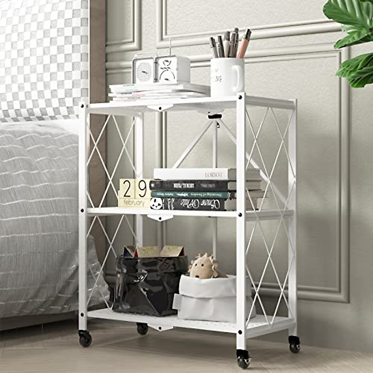 SogeHome 3-Tier Foldable Storage Shelf, Movable Metal Rack Cart, Home Display Shelf with Rolling Wheels for Kitchen, Living-Room, Bathroom, Bedroom, White