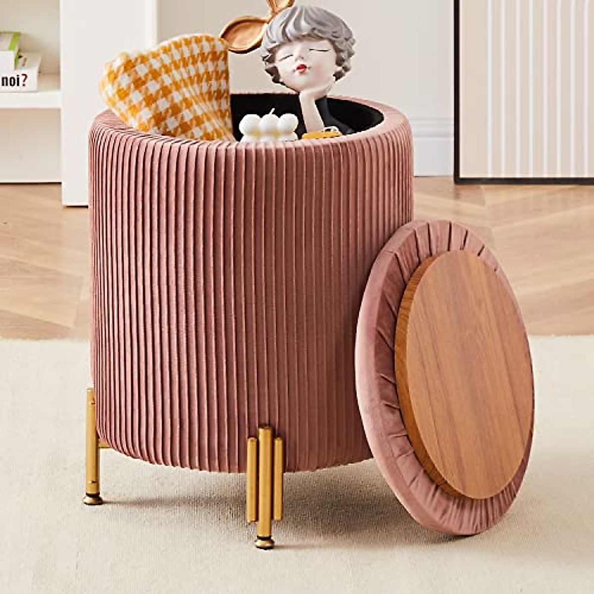 Mxfurhawa Round Ottoman Foot Stool with Storage and Metal Legs for Living Room Bedroom, Velvet Upholstered Footrest Stool Support 300lbs Modern Padded Seat Ottoman Coffee Table (Dusty Rose)
