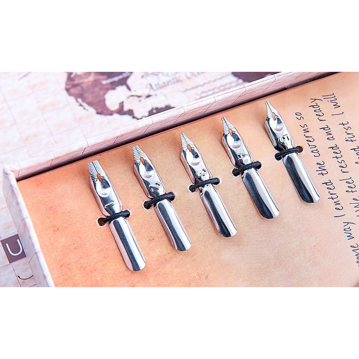 Quill Pen and Ink Set Turkey Feather Pen with 5 Steel Replacement Nibs and Dip Ink Bottle in Vintage Gift Box for Antique Calligraphy - Brown