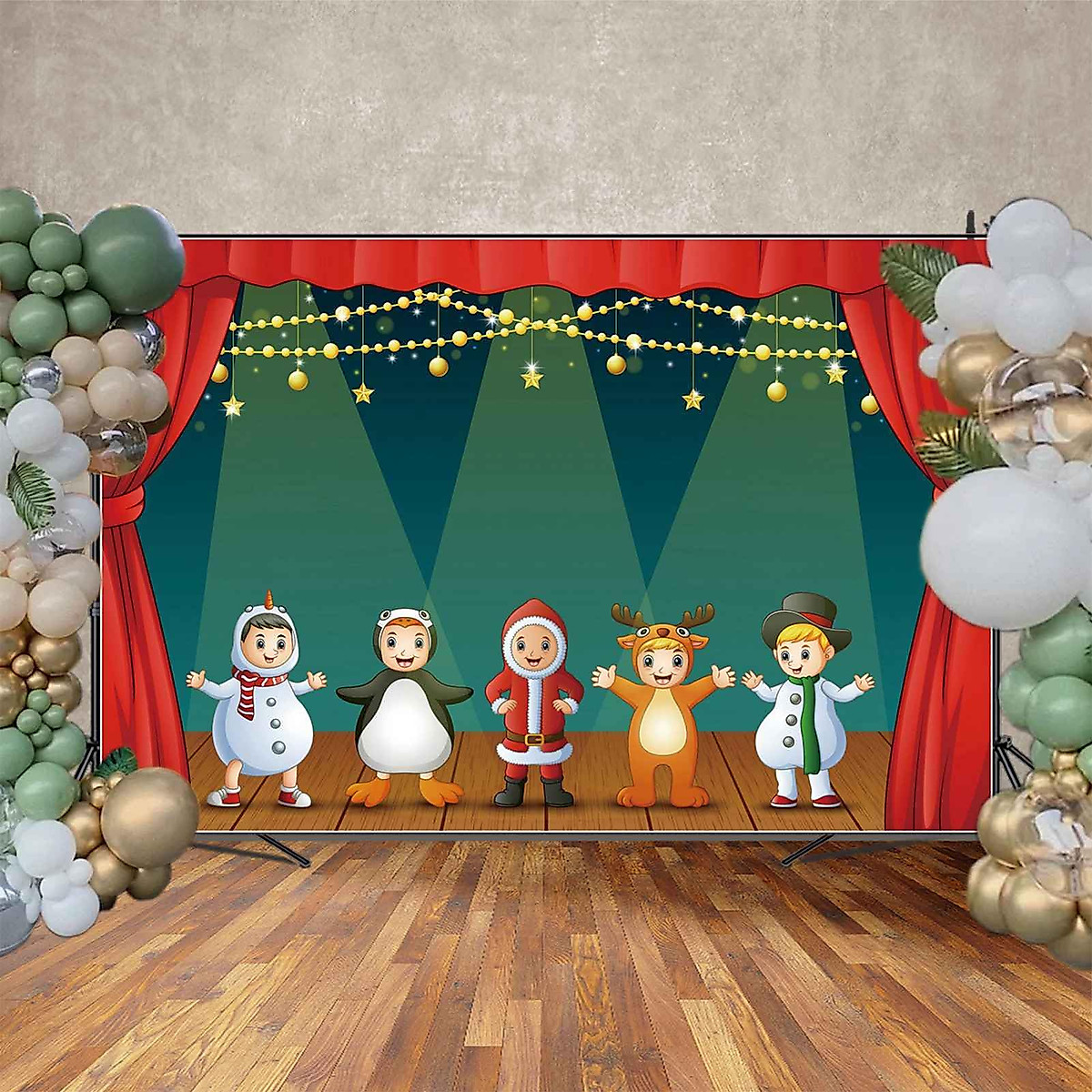 MOONDECO Photography Backdrop 5x3ft Christmas Red Curtain Gold Star Ball Lights Dance Stage Background Children Wood Plank Floor Party Photo Booth