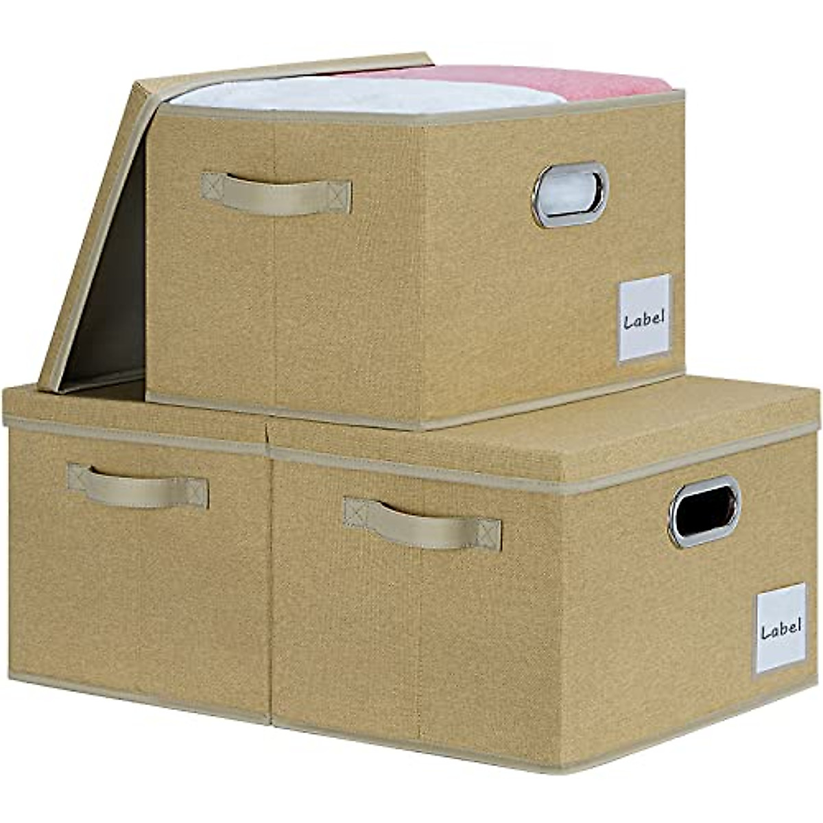 LHZK Large Storage Bins with Lids 6 Pack, Linen Fabric Storage Boxes with Lids, Foldable Storage Baskets with 3 Handles and Label Window for Shelves Bedroom Closet Office (15.75x11.8x10.2,Black,Beige)