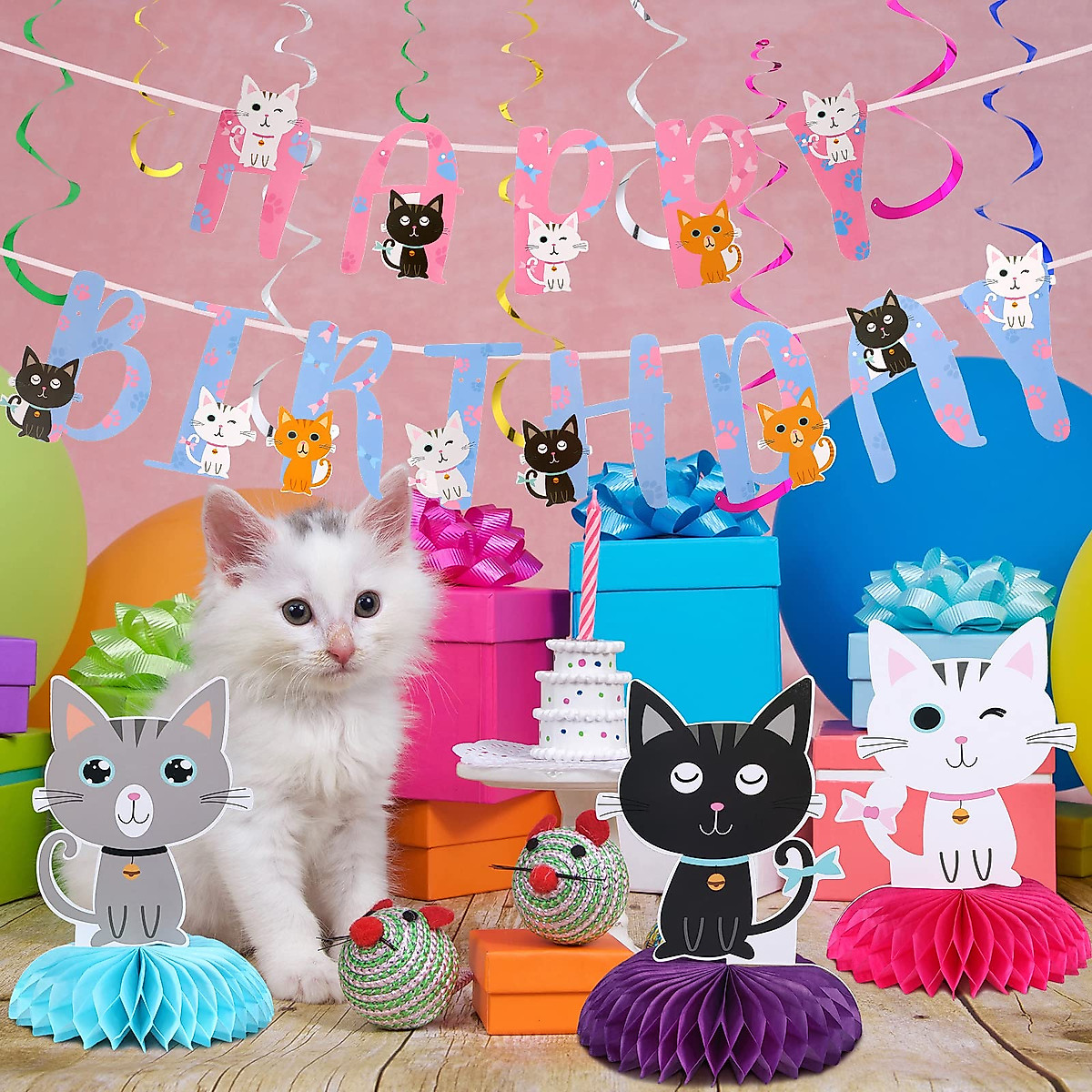 Chinco 16 Pcs Cat Theme Birthday Party Decorations Party Supplies Kit, Includes Cat Party Banner with 6 Cat Hanging Cutouts 6 Hanging Swirl Decor and 3 Birthday Honeycomb Party Decoration(Cool Style)