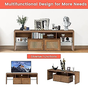 Lyromix LED TV Stand for Televisions up to 70 Inches Modern Rattan Entertainment Center with Cabinet Storage and 2 Door, Large Boho Media Console Table for Living Room, Natural