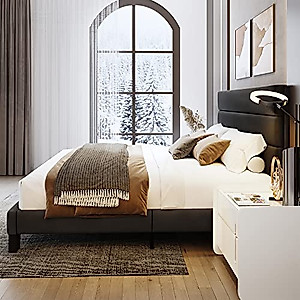 WEEWAY King Bed Frame Platform Bed with Velvet Upholstered Headboard and Wooden Slats Support, Heavy Duty Mattress Foundation, No Box Spring Needed, Easy Assembly, Black