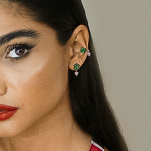 Sonateomber Sparkly Green Clover Leaf Small Gold Huggie Earrings for Women - Cute Heart Cubic Zirconia, Drop Dangle Circle Hoop Girl Cartilage Jewelry Gift