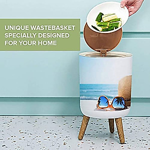 Small Trash Can with Lid Summer tropical beach background; glasses and palm tree reflex Garbage Bin Round Waste Bin Press Cover Dog Proof Wastebasket for Kitchen Bathroom Living Room 1.8 Gallon