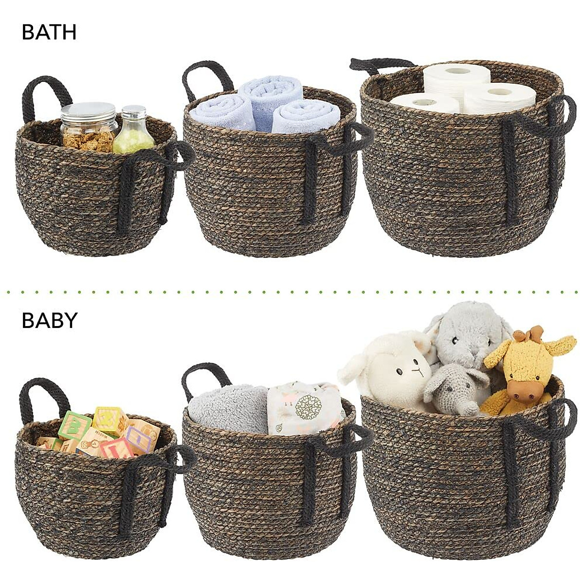 mDesign Round Braided Seagrass Woven Storage Basket with Jute Handles - Rope Weave Circle-Shaped Basket Bin for Shoe Storage in Entryway, Organizing Playroom Toys, and Laundry - Set of 3 - Black Wash