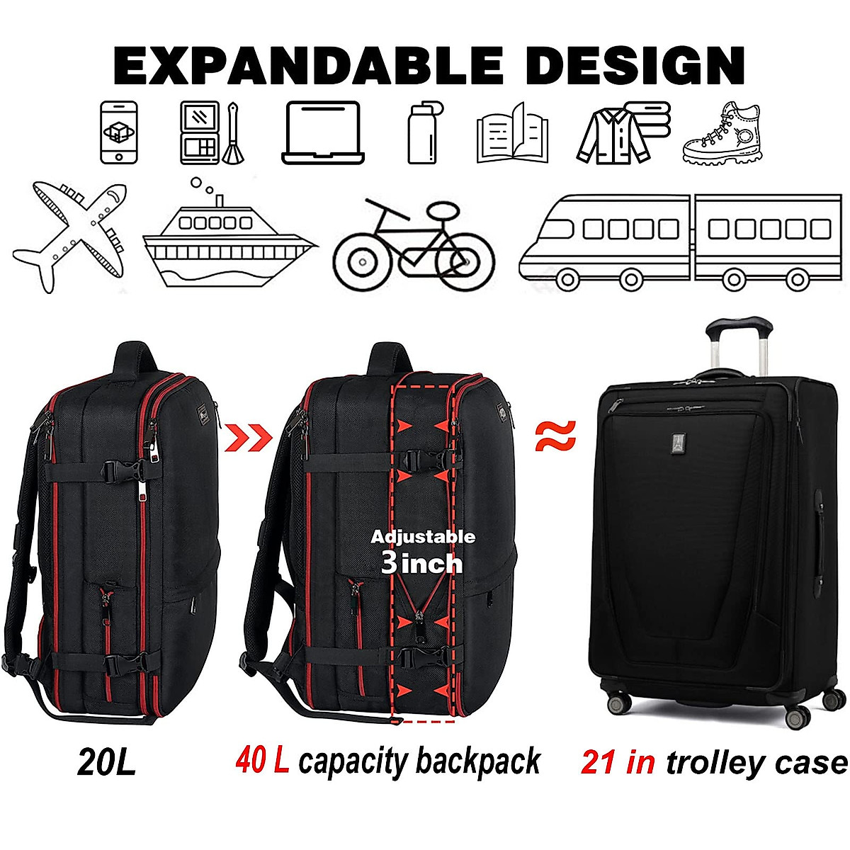 Carry on Backpack, Airline Flight Approved Travel Backpack for Women Men, 40L Extra Large Expandable Water Resistant Luggage Backpack Lightweight Daypack Perfect Fit for 17 17.3 Inch Laptop, Black