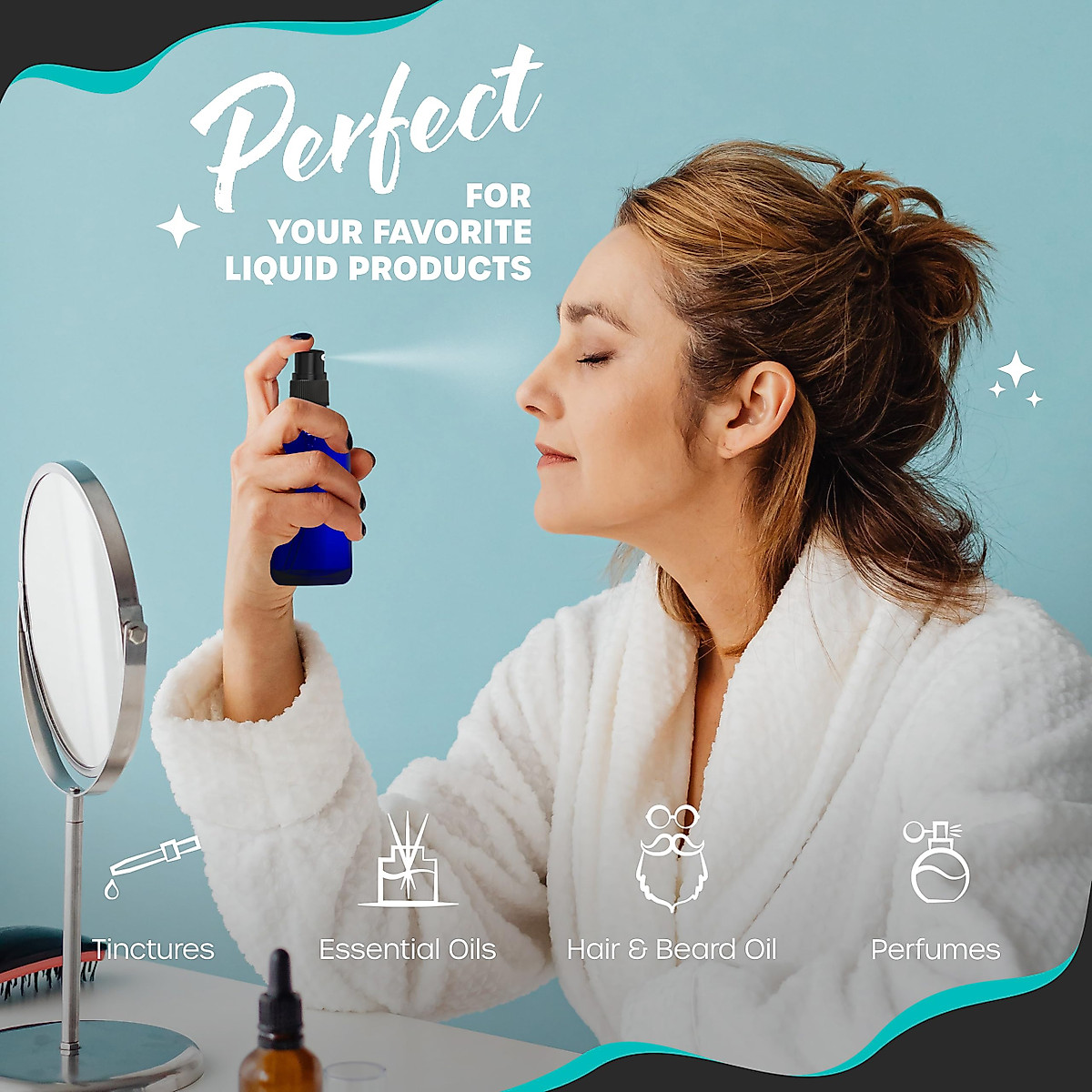 Nevlers 24PK 4 Oz Blue Glass Spray Bottles | Small Glass Spray Bottle Set w/Shrink Wrap, Labels & More| Small Spray Bottle For Use as Travel Size Spray Bottle, Mister Bottle & Spray Bottles for Hair