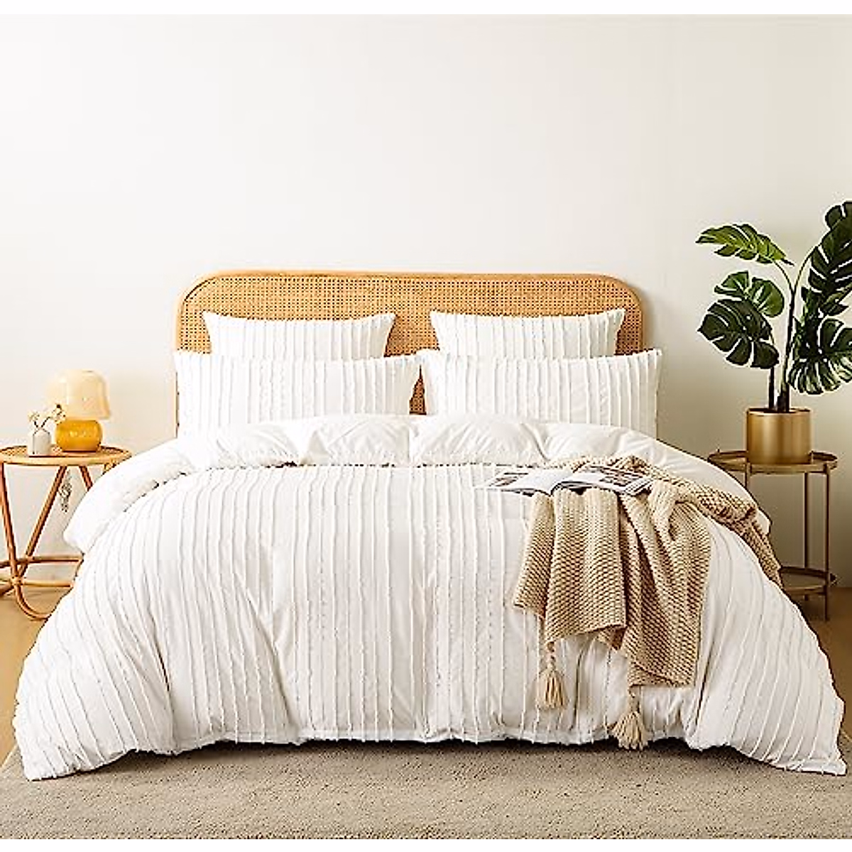 Nayoroom White Boho Duvet Cover Set Queen Size Striped Textured Tufted Bedding Sets 3 Pieces Soft Lightweight Washed Microfiber Farmhouse Aesthetic Comforter Cover with Zipper Closure for All Seasons