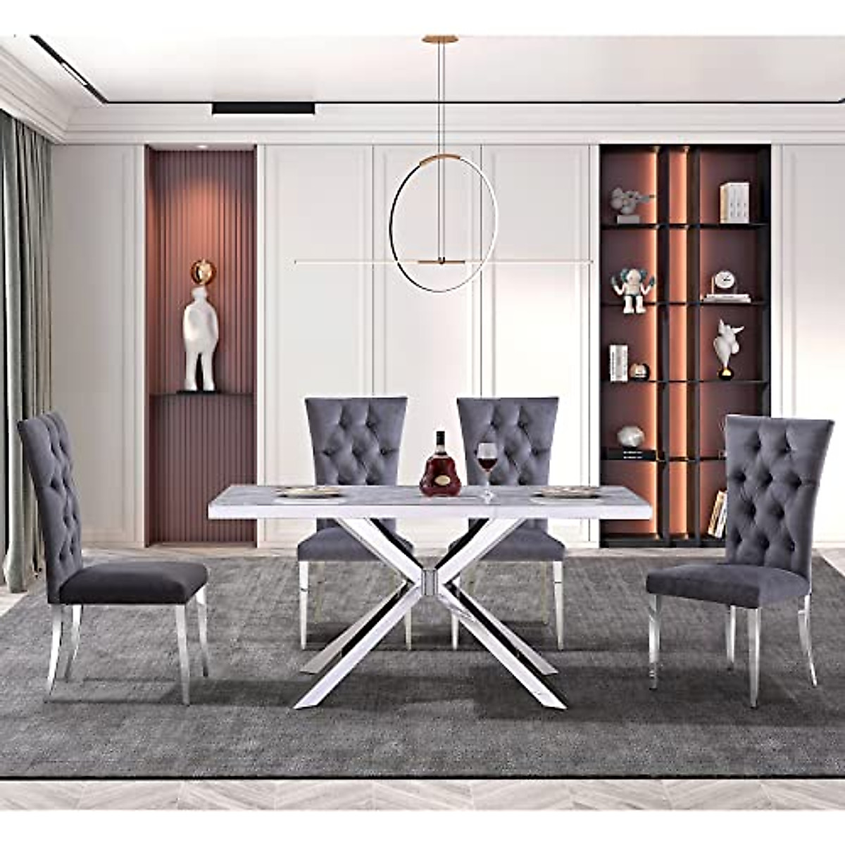 AZhome Kitchen and Dining Room Sets, Grey and Silver Pedestal Dining Table with 4 Grey Buttons Tufted Dining Chairs